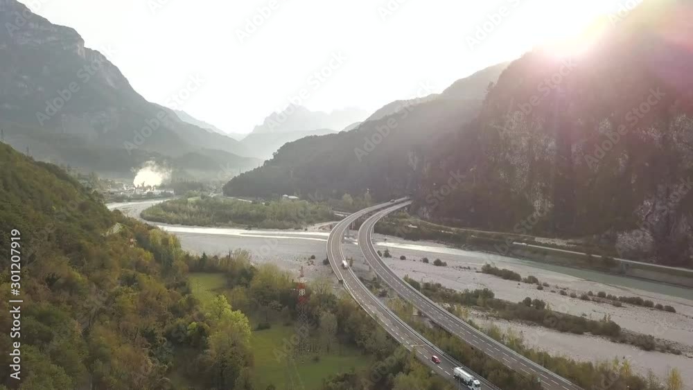 Top down aerial view of highway interstate road with fast moving ...