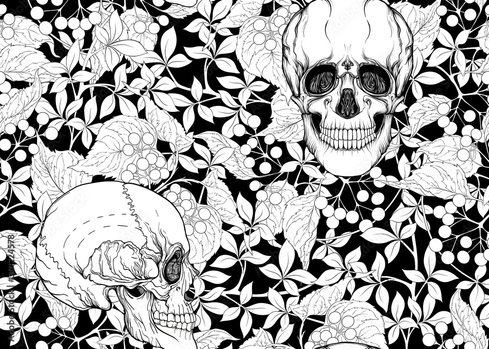 Seamless Pattern with human skulls and plants. Colored vector ...