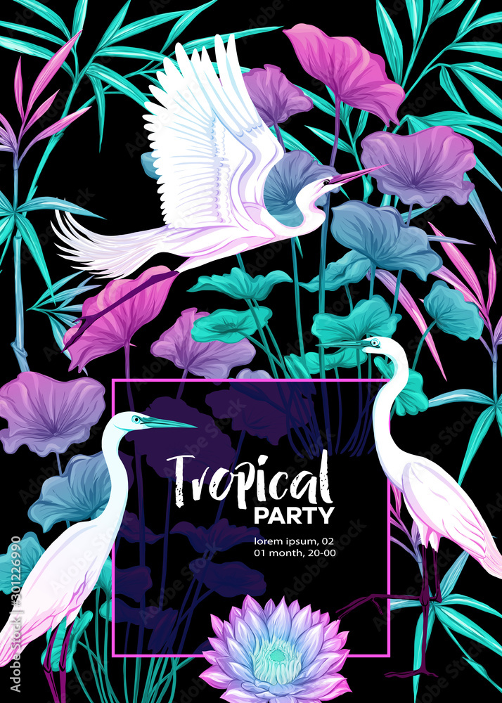 Background, party invitation, cover with text box with tropical plants ...