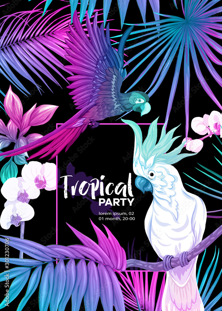 Background, party invitation, cover with text box with tropical plants ...