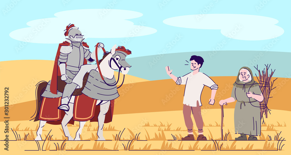 Poster Medieval knight on horse and peasants in field flat vector ...