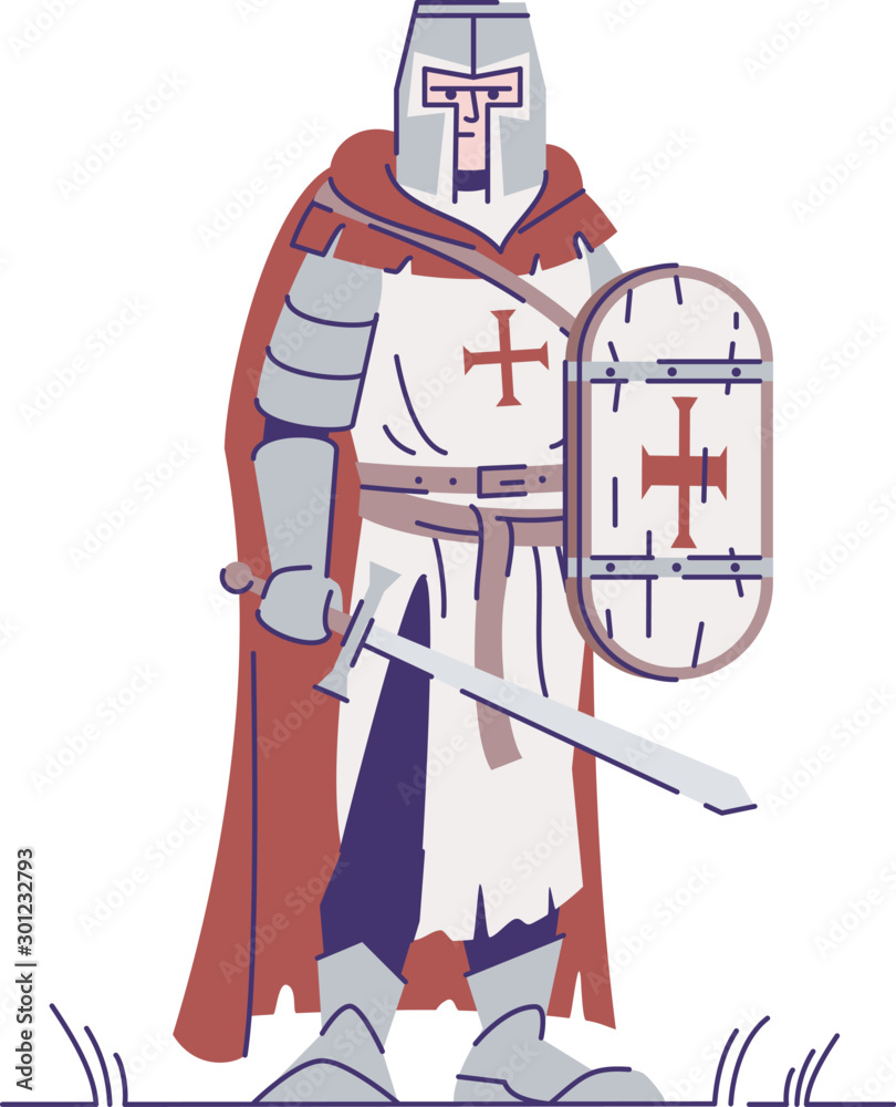 Templar knight flat vector illustration. Medieval fighter in armor ...