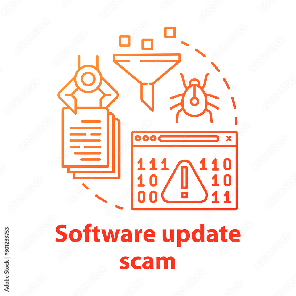 Software update scam concept icon. Computer hacking attack danger. Data ...