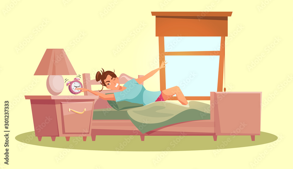 Girl waking up flat vector illustration. Young caucasian person in ...