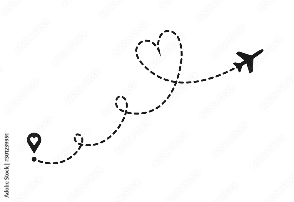 Vector love airplane route. Air plane flight route with start point and ...