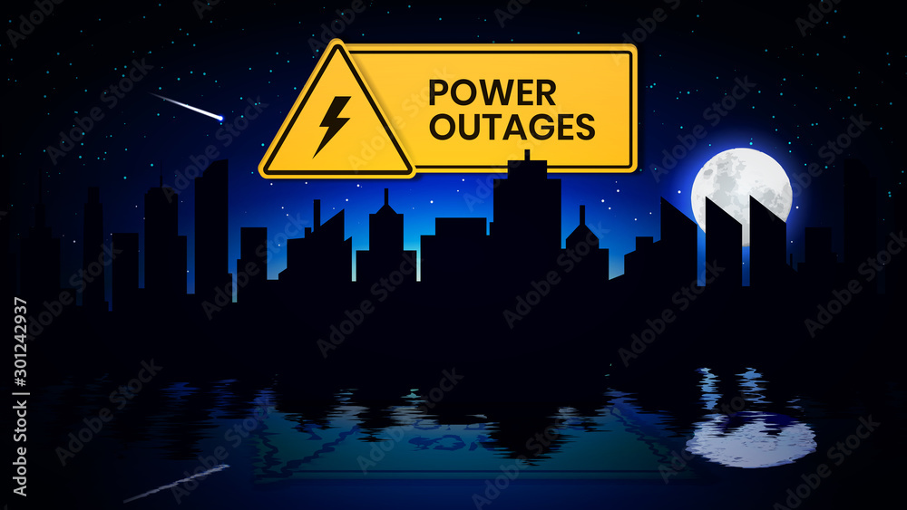 Power outage, logo on the background of the night sky and city without ...