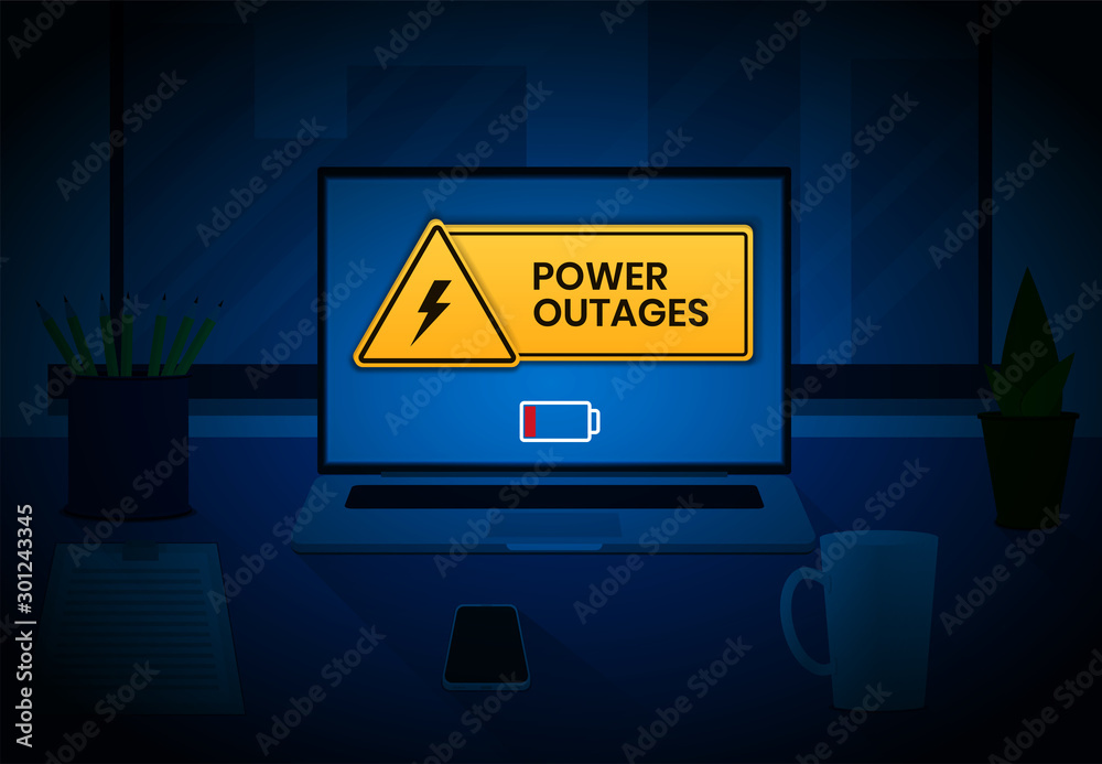 Power outage, warning banner on the laptop screen and triangular icon ...