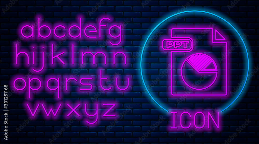 Glowing neon PPT file document. Download ppt button icon isolated on ...