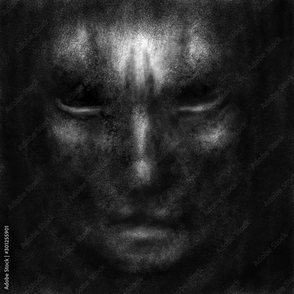 Demonic mask with evil human face. Black and white illustration in ...