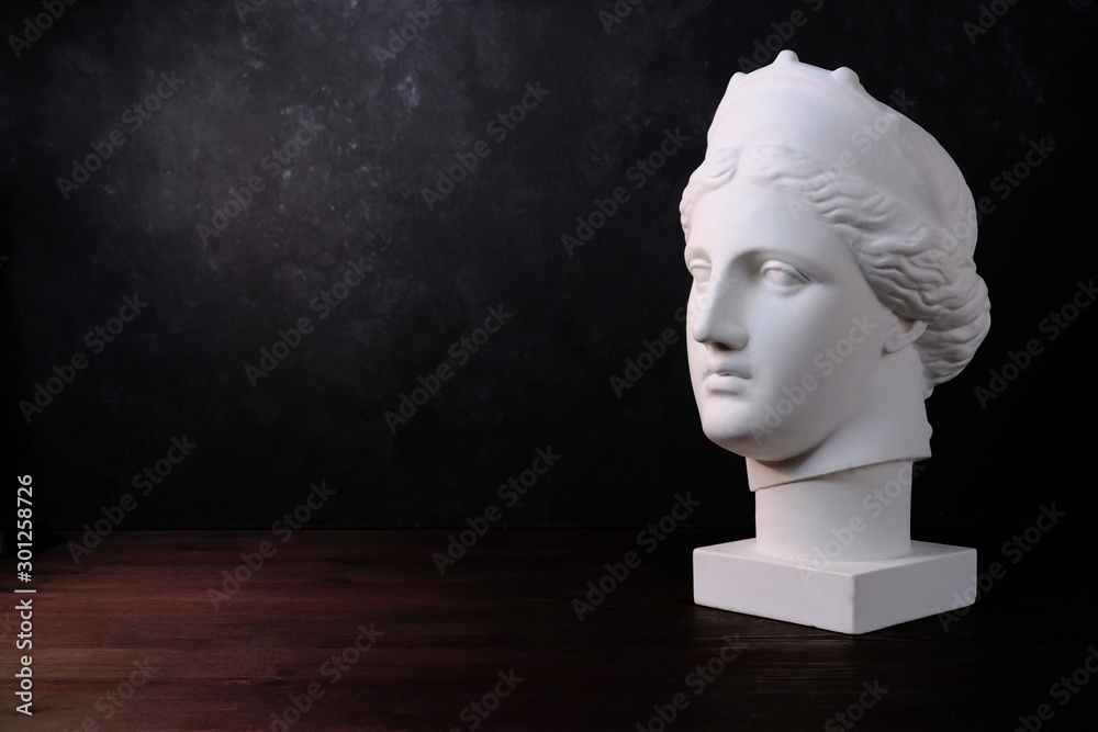 Gypsum copy of ancient statue Venus head on a dark textured background ...
