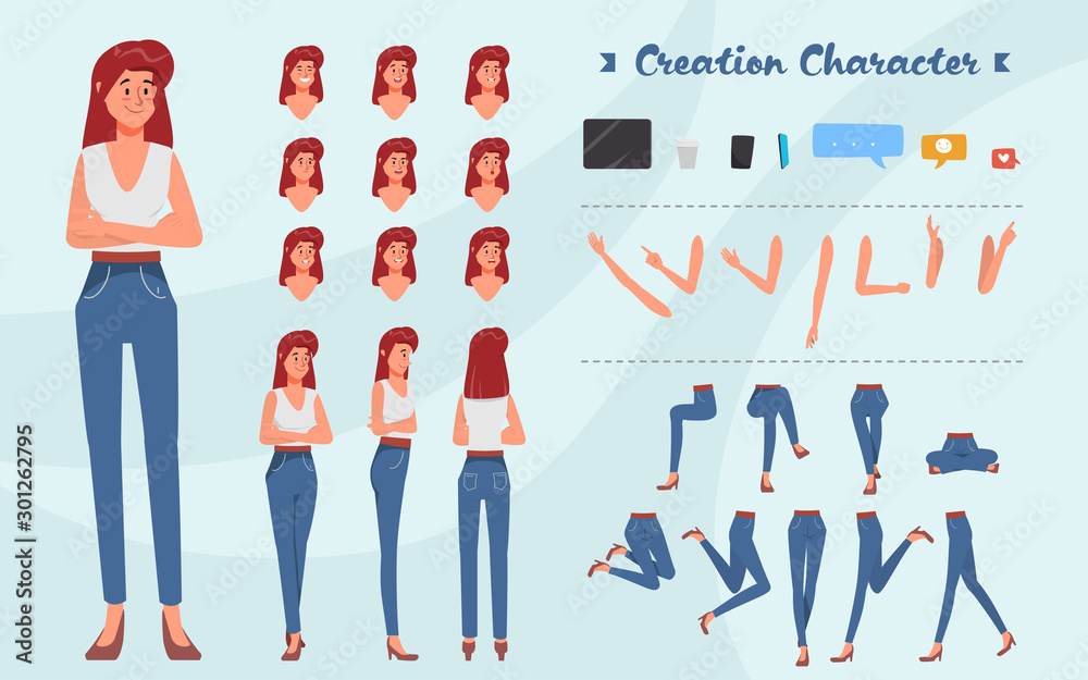 Character set for animation. Freestyle businesswoman character for ...