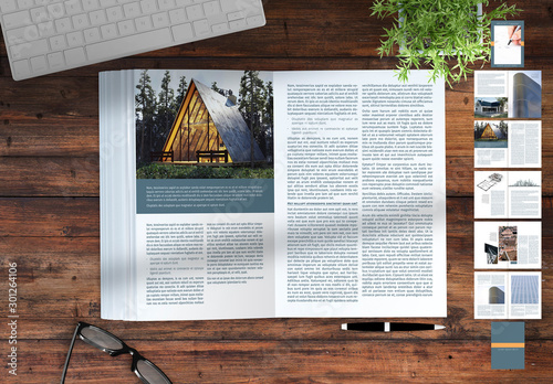 Magazine Layout with Blue and Orange Accents Stock Template | Adobe Stock