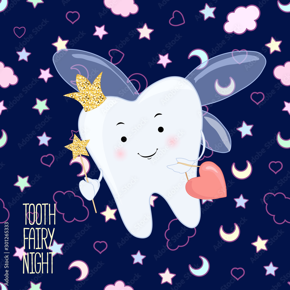 Tooth fairy. Vector cartoon illustration. Stylized tooth. Night stars ...