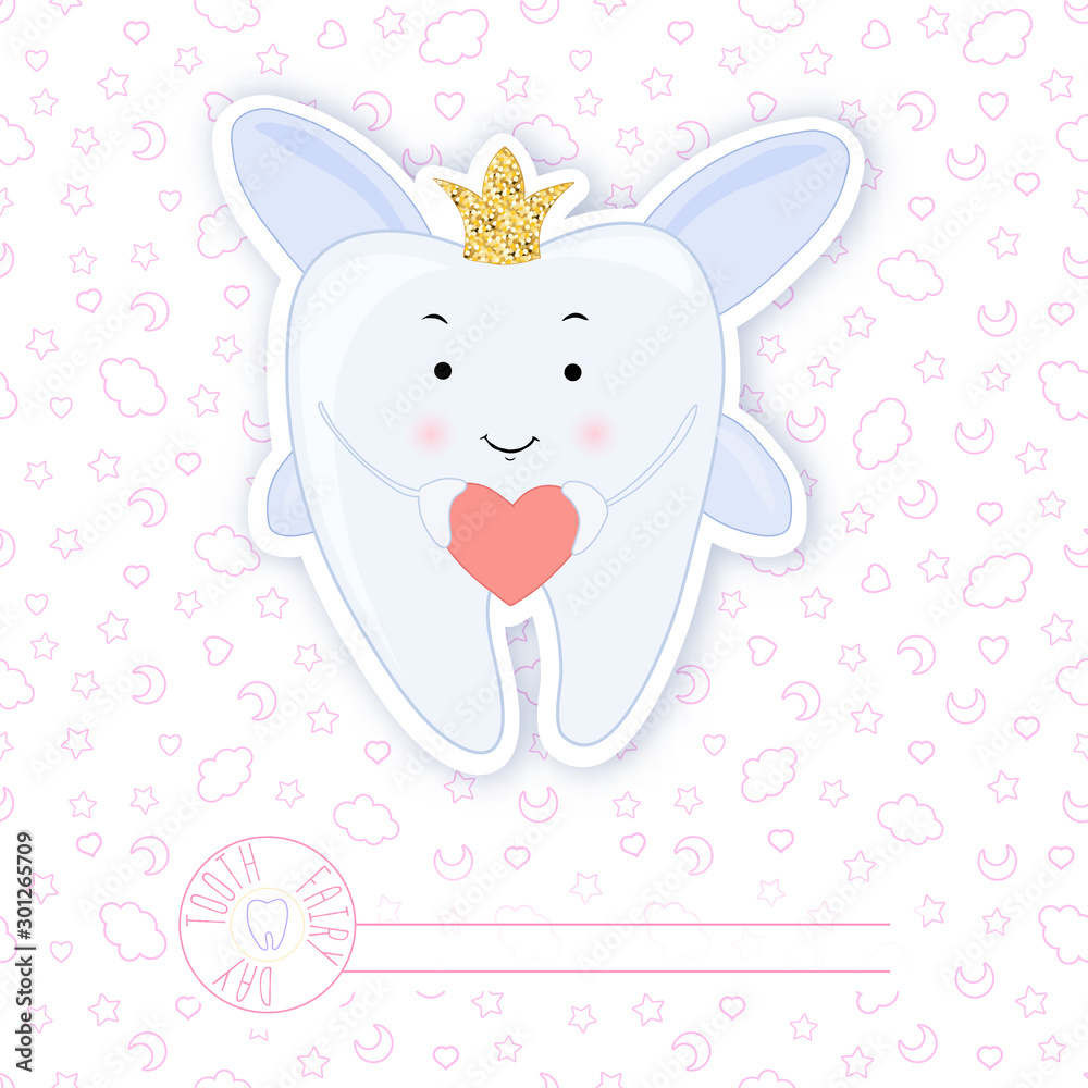 Tooth fairy. Vector cartoon illustration. Stylized tooth. Night stars ...