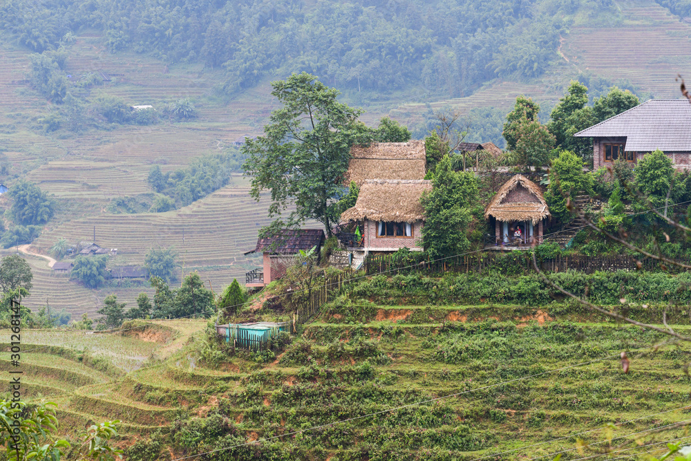 Houses and homes on top of Rice terraces outside the beautiful village ...