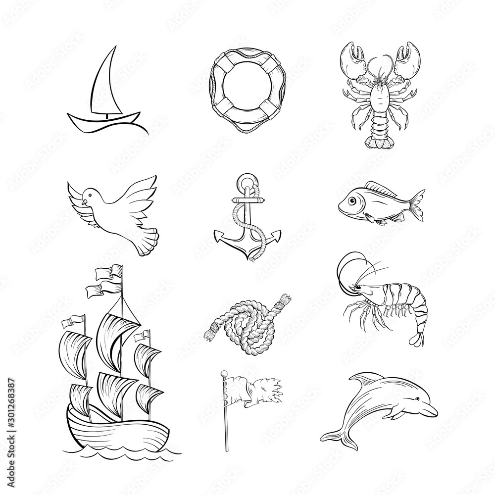 Ocean themed hand drawn illustrations set. Sea fauna and sailing ...