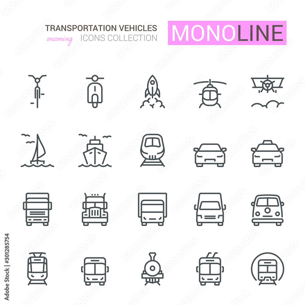 UNIVERSAL TRANSPORT ICONS, FRONT VIEW, Monoline concept The icons were ...