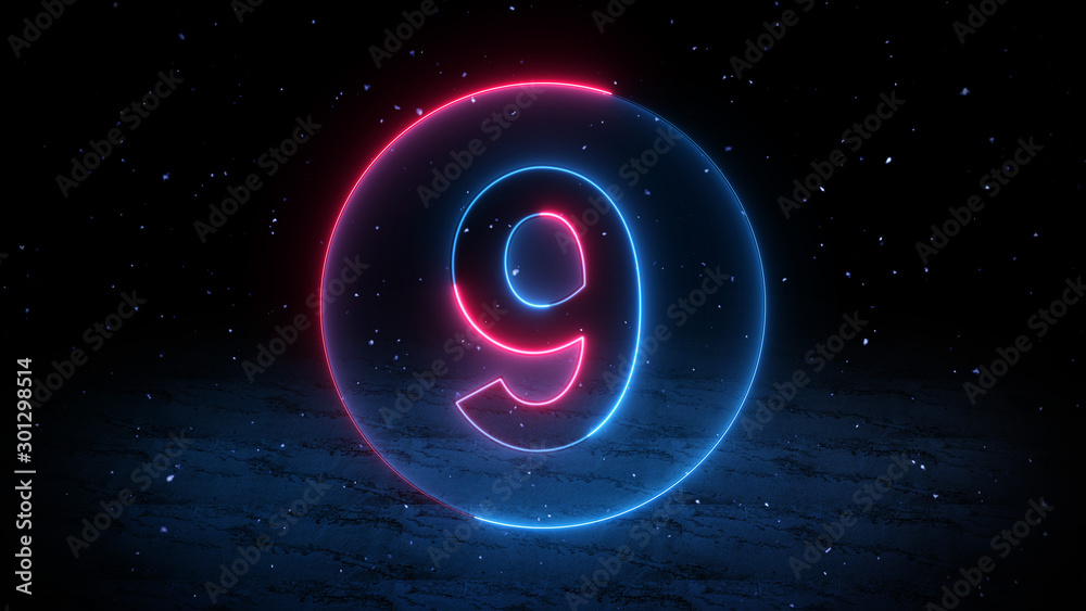 Number 9 Neon Light Style With Circle on Dark Blue Rough Floor Tiles In ...