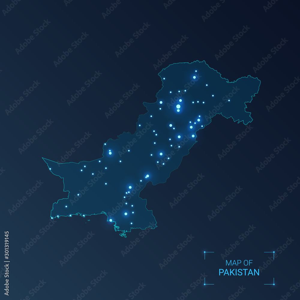Pakistan map with cities. Luminous dots - neon lights on dark ...