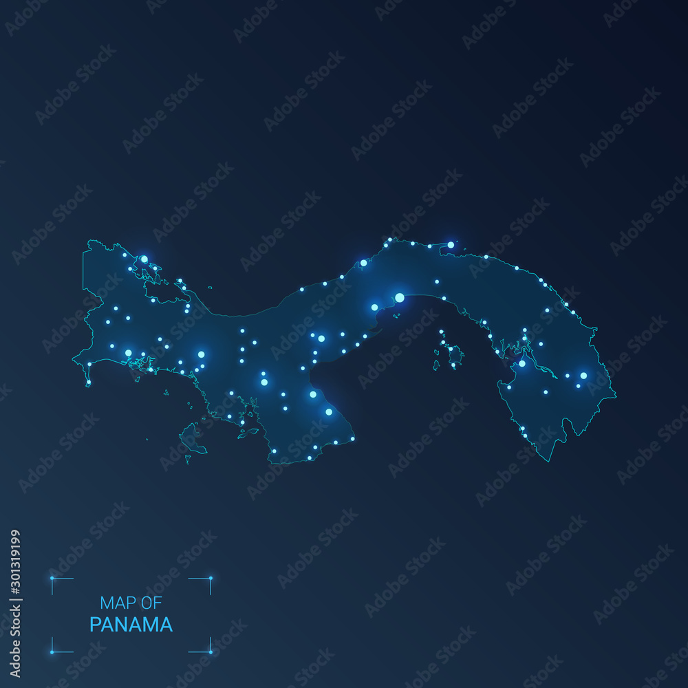 Panama map with cities. Luminous dots - neon lights on dark background ...