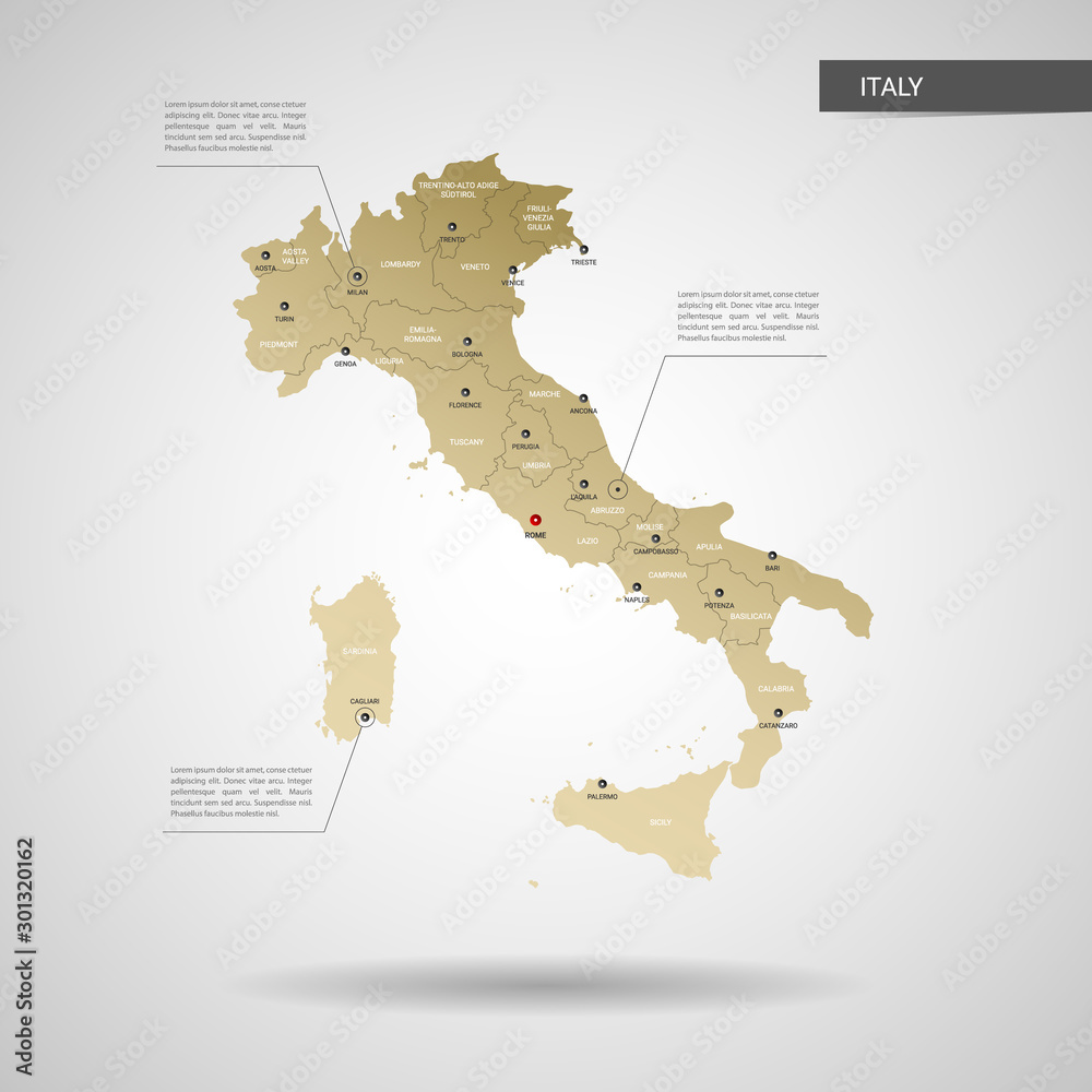 Stylized vector Italy map. Infographic 3d gold map illustration with ...