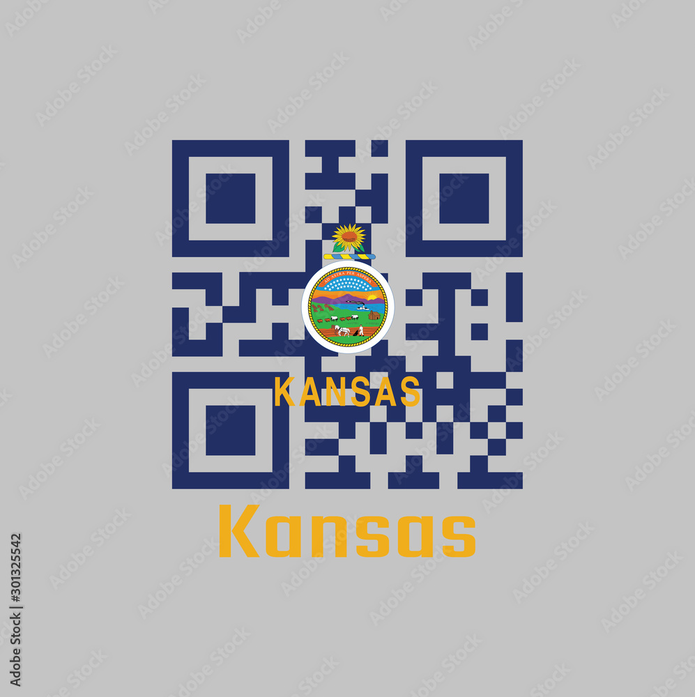 QR code set the color of Kansas flag. The states of America. Seal of ...