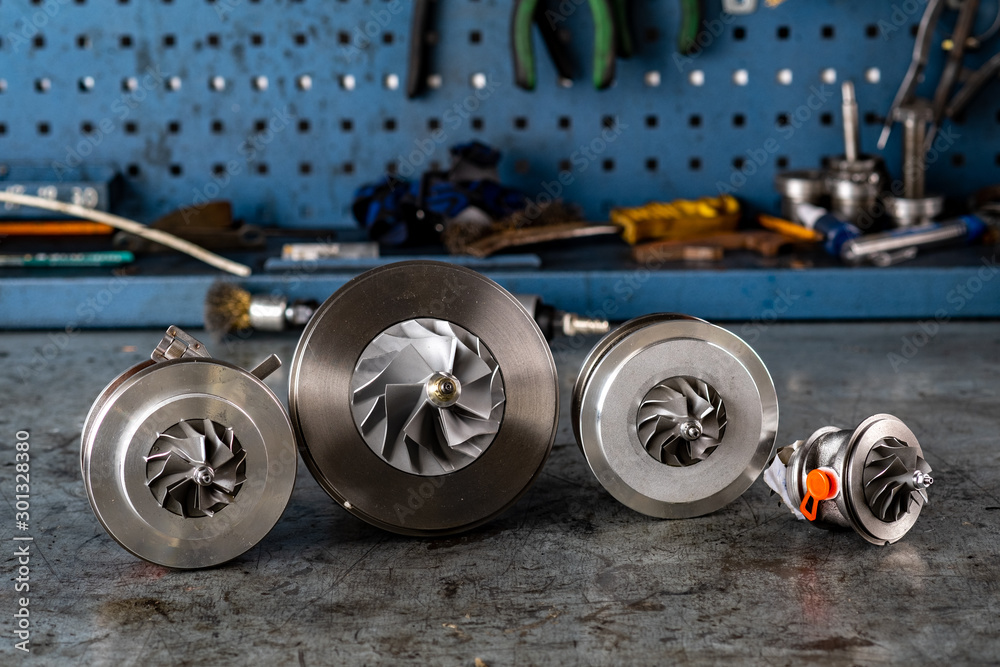 parts of aluminum turbine close up. the new turbine for the diesel ...