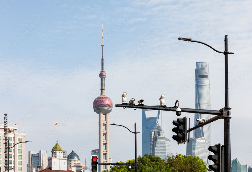 Massive surveillance cameras on tall pole of traffic lights with ...