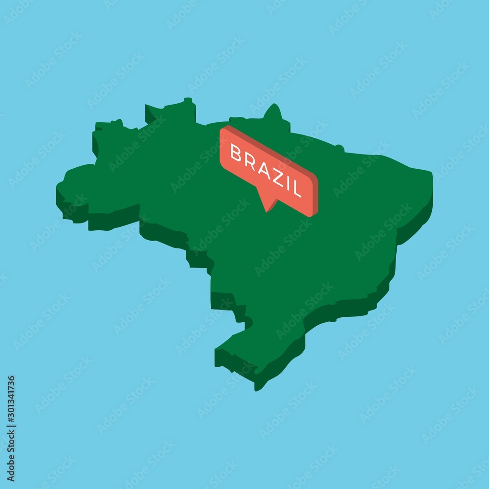 green isometric map of country Brazil with pointer on blue background ...