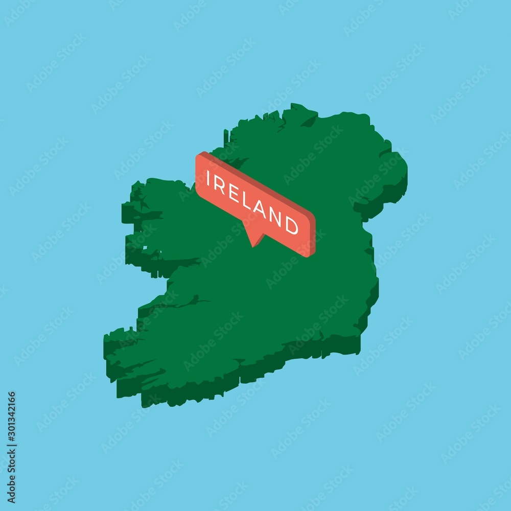 green isometric map of country ireland with pointer on blue background ...