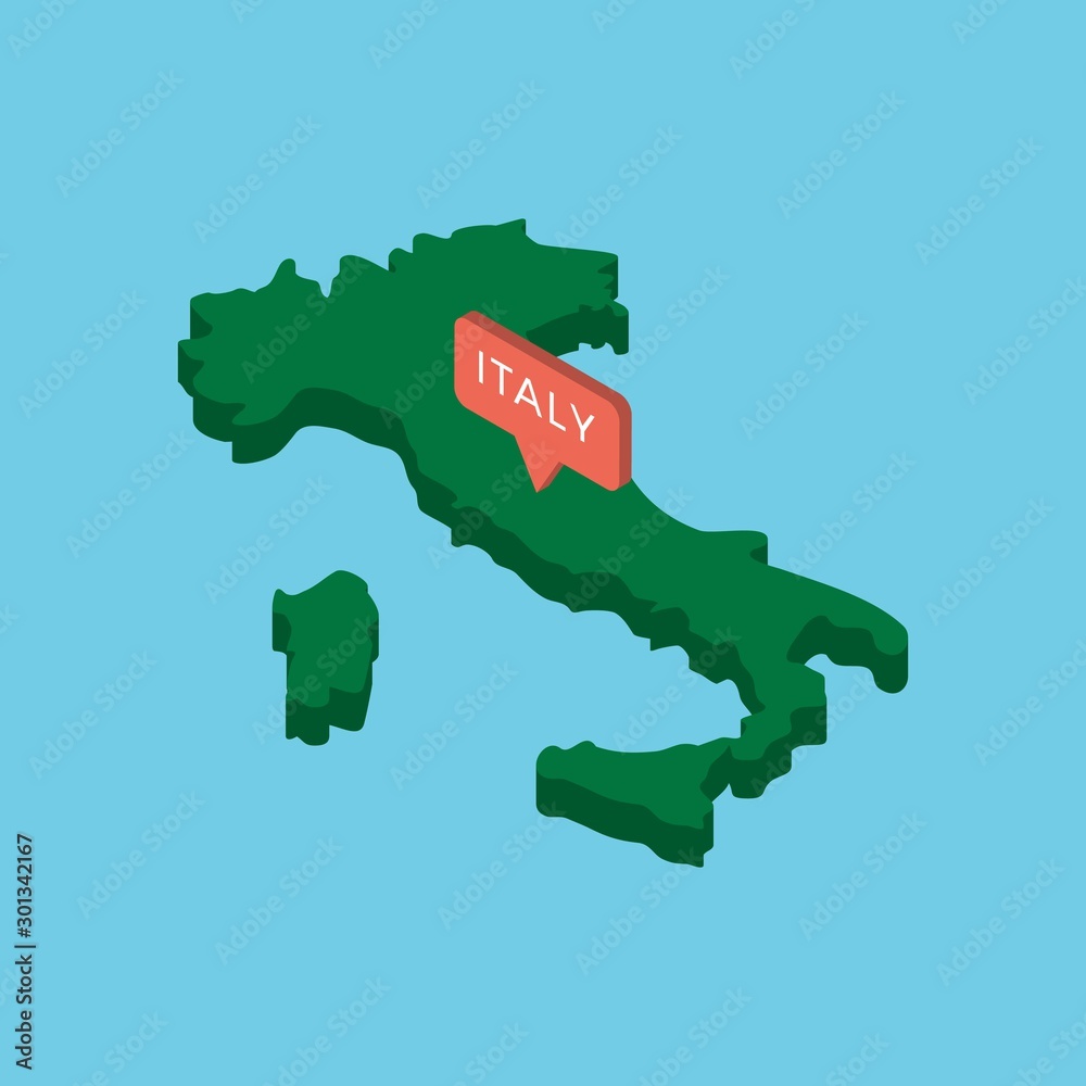 green isometric map of country italy with pointer on blue background ...