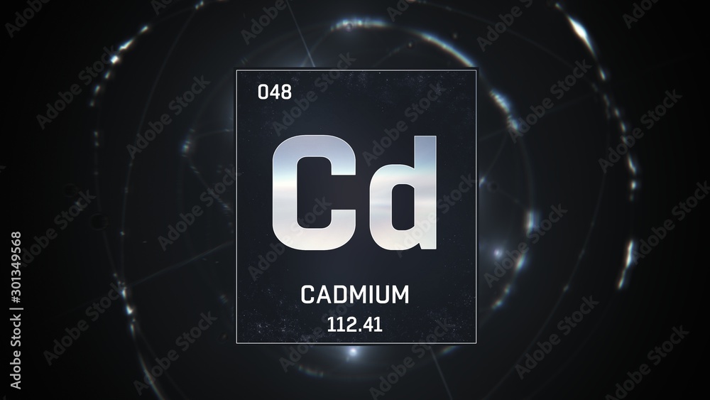 3D illustration of Cadmium as Element 48 of the Periodic Table. Silver ...