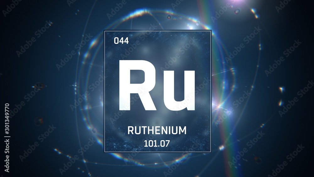 3D illustration of Ruthenium as Element 44 of the Periodic Table. Blue ...