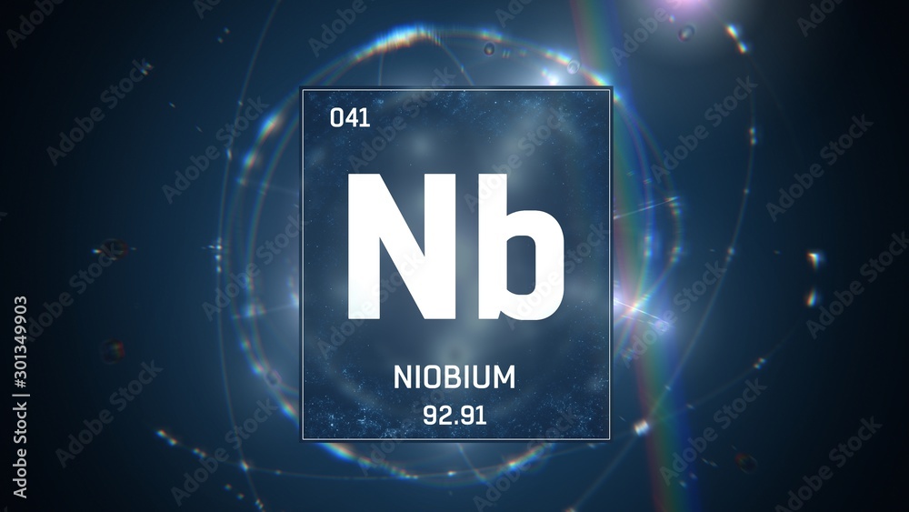 3D illustration of Niobium as Element 41 of the Periodic Table. Blue ...