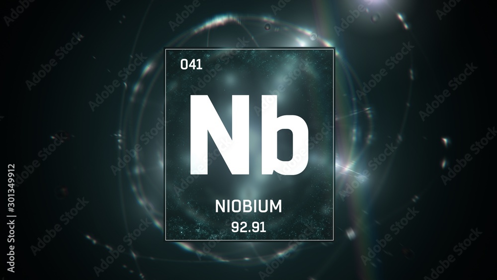 3D illustration of Niobium as Element 41 of the Periodic Table. Green ...