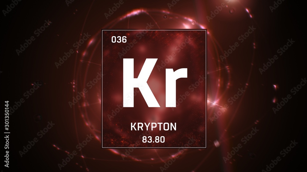 3D illustration of Krypton as Element 36 of the Periodic Table. Red ...