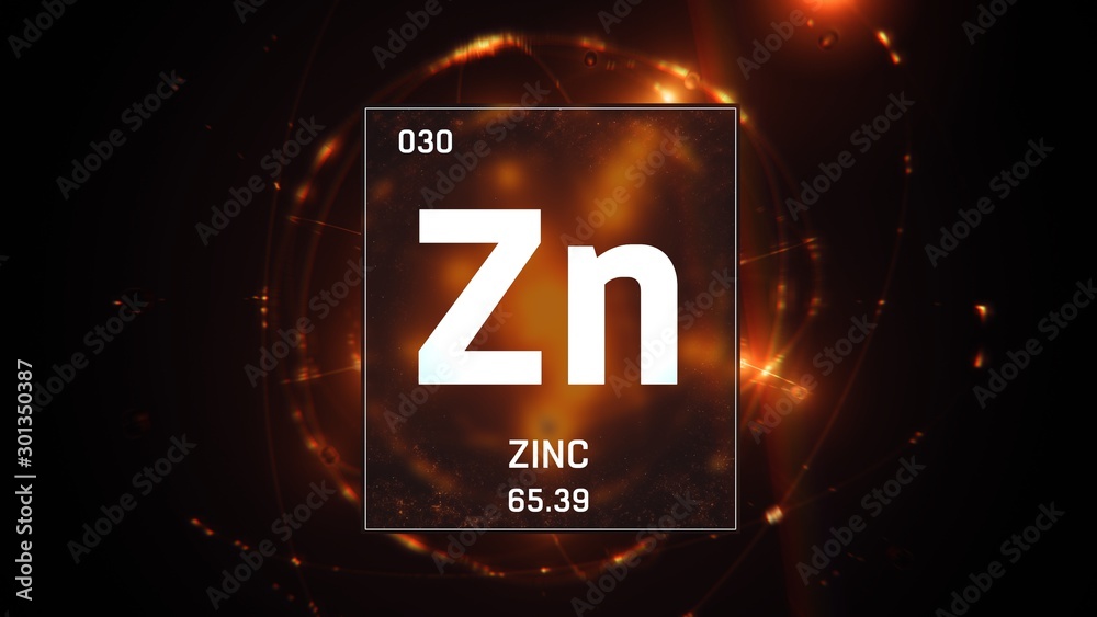 3D illustration of Zinc as Element 30 of the Periodic Table. Orange ...