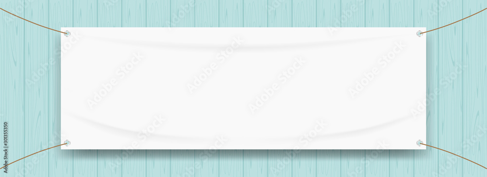 vinyl banner blank white isolated on wood blue pastel color, white mock ...