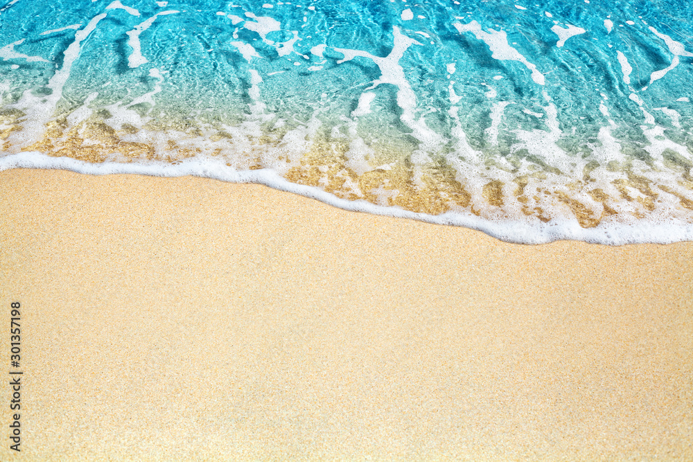 Blue sea wave, white foam, golden sand beach, turquoise ocean water ...