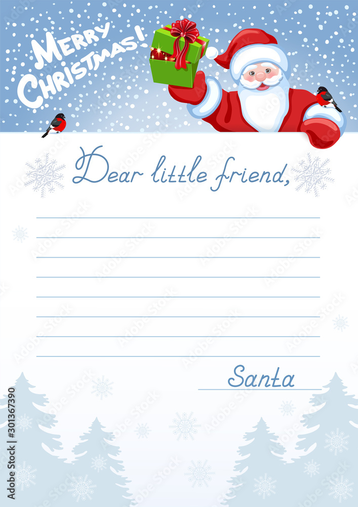 Layout letter to Santa Claus with wish list and cartoon funny Santa ...
