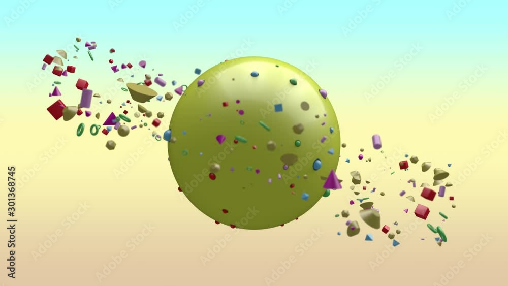 3D animation of a large sphere around which flies a lot of geometric ...