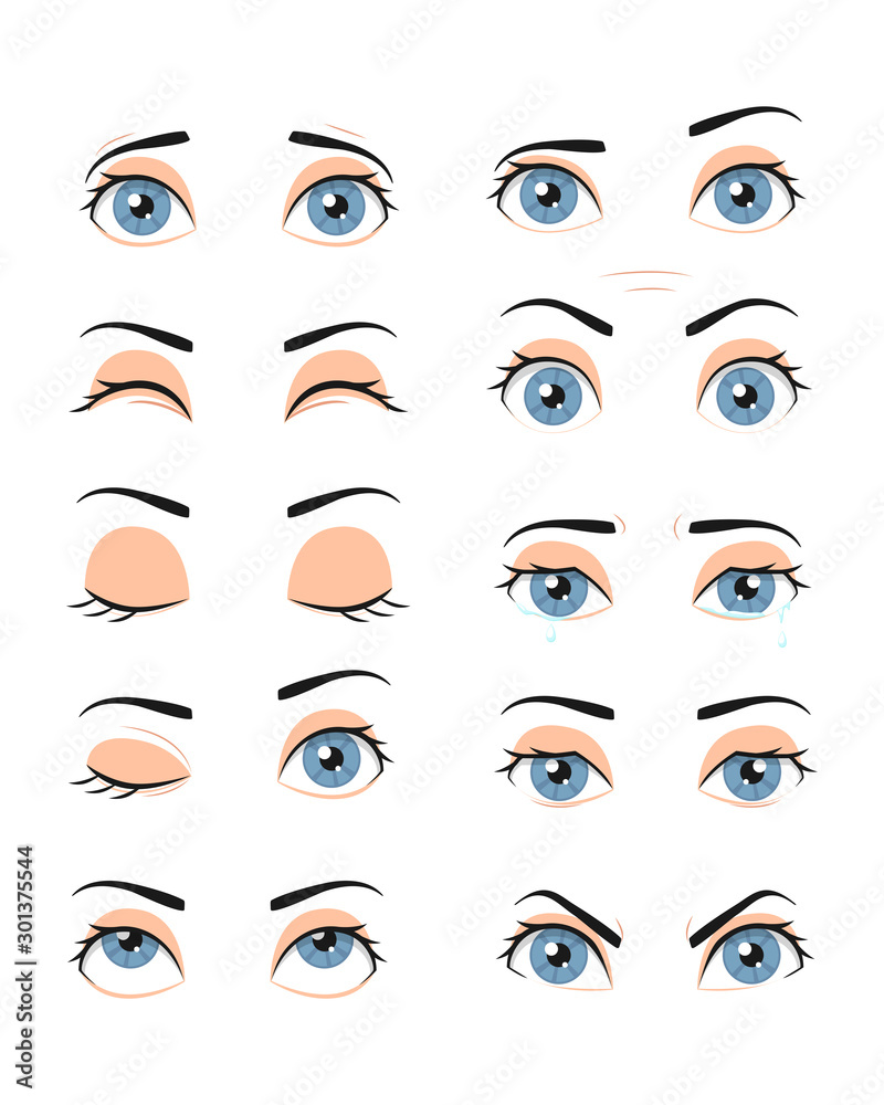 Collection of cartoon female eyes with different emotions. Set of ...