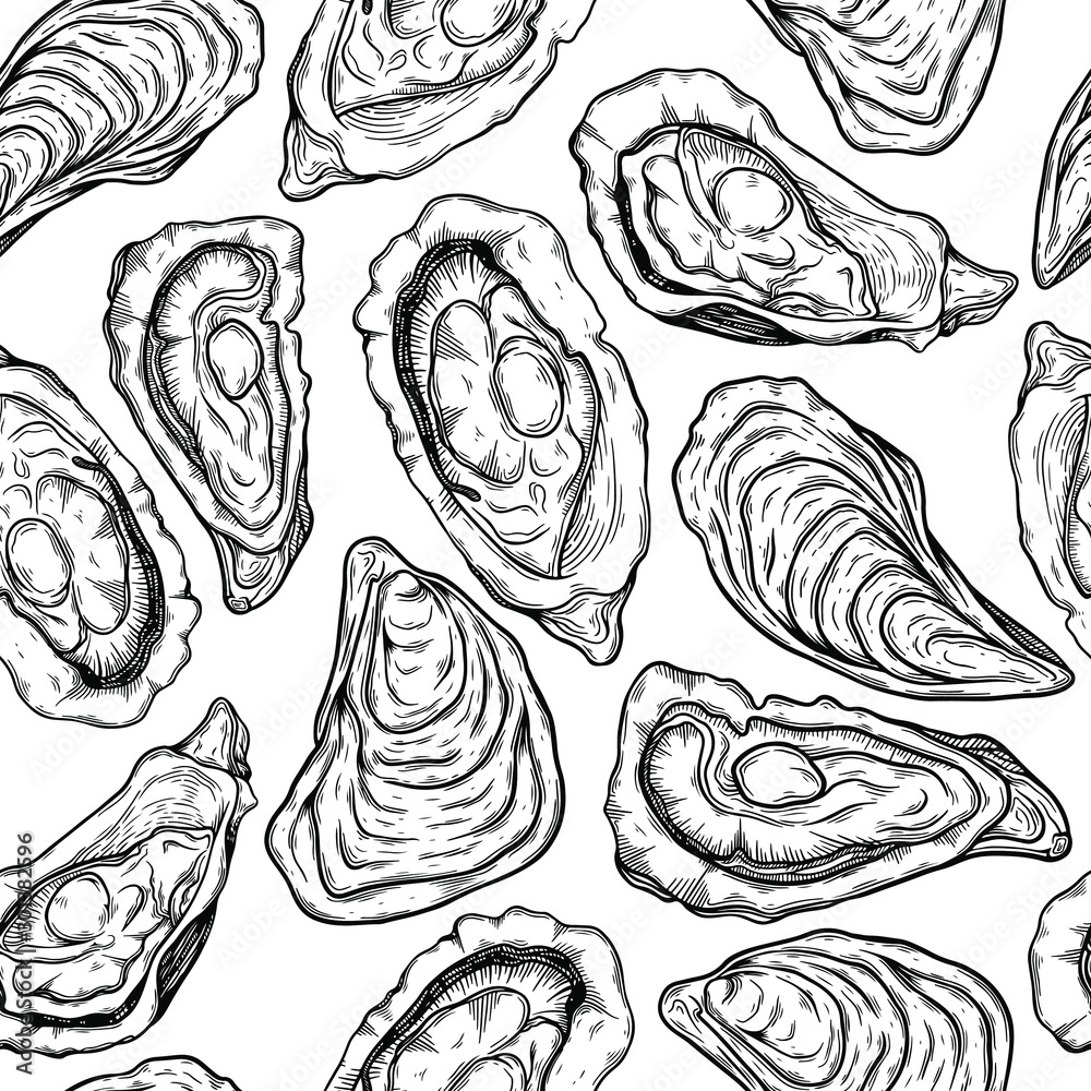 seamless pattern of different oysters. sketch style hand drawn vector ...