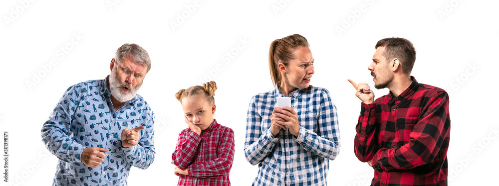 Family members arguing with one another on white studio background ...