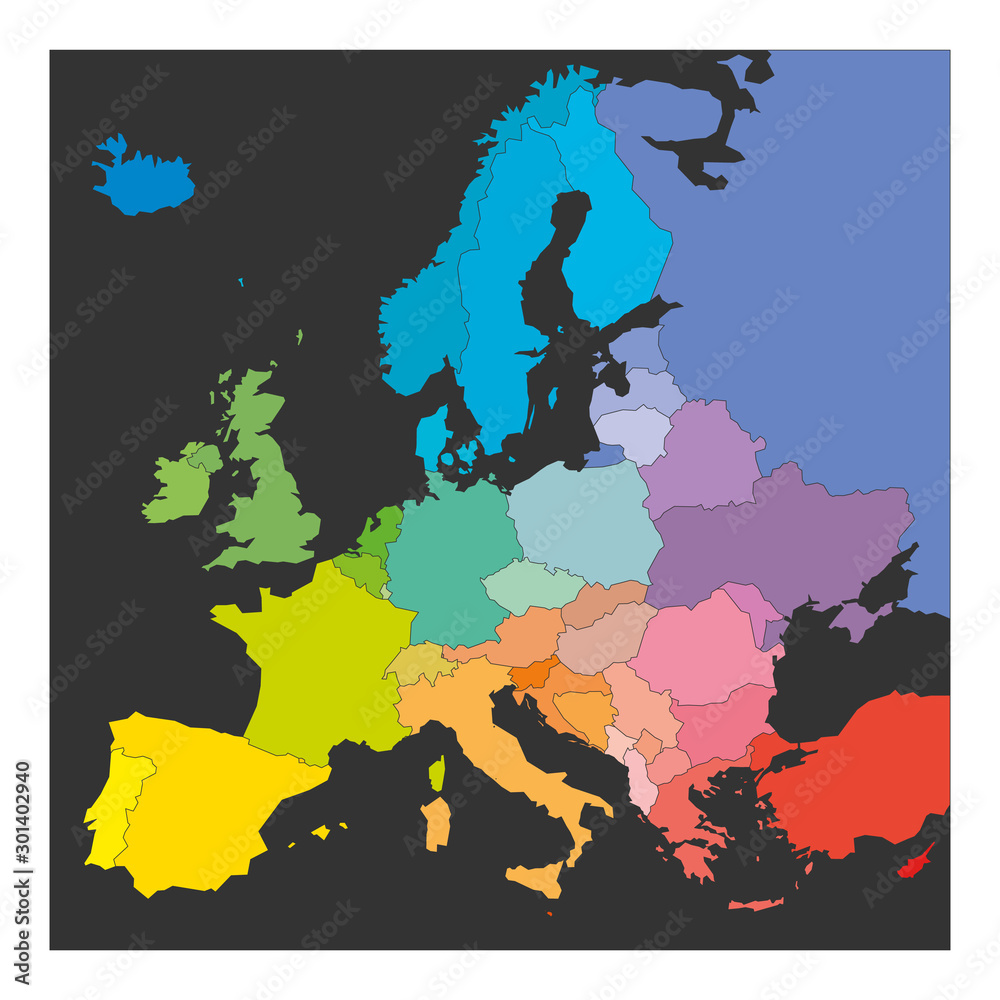 Map of Europe in colors of rainbow spectrum. With European countries ...