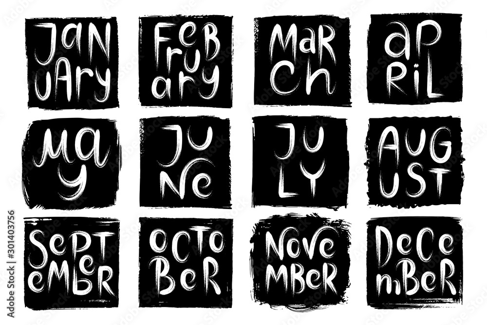 Brush handwritten names of months on black grange textures. Hand drawn ...