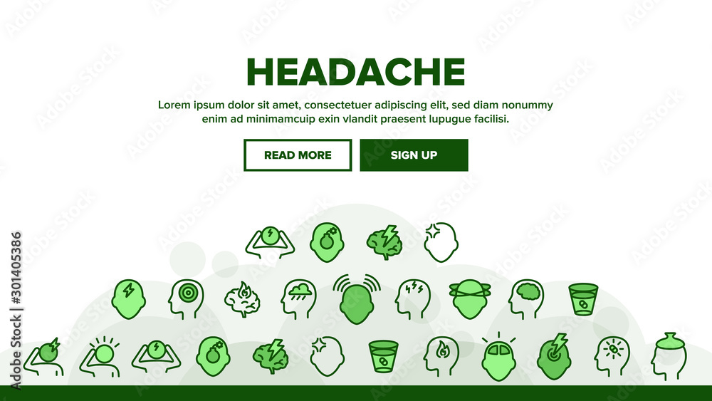 Collection Headache Elements Icons Set Vector Thin Line. Migraine Brain ...