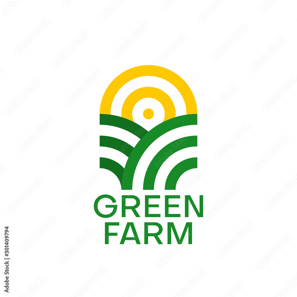 Farm logo design. Organic product. Sun and green field. Minimal vector ...