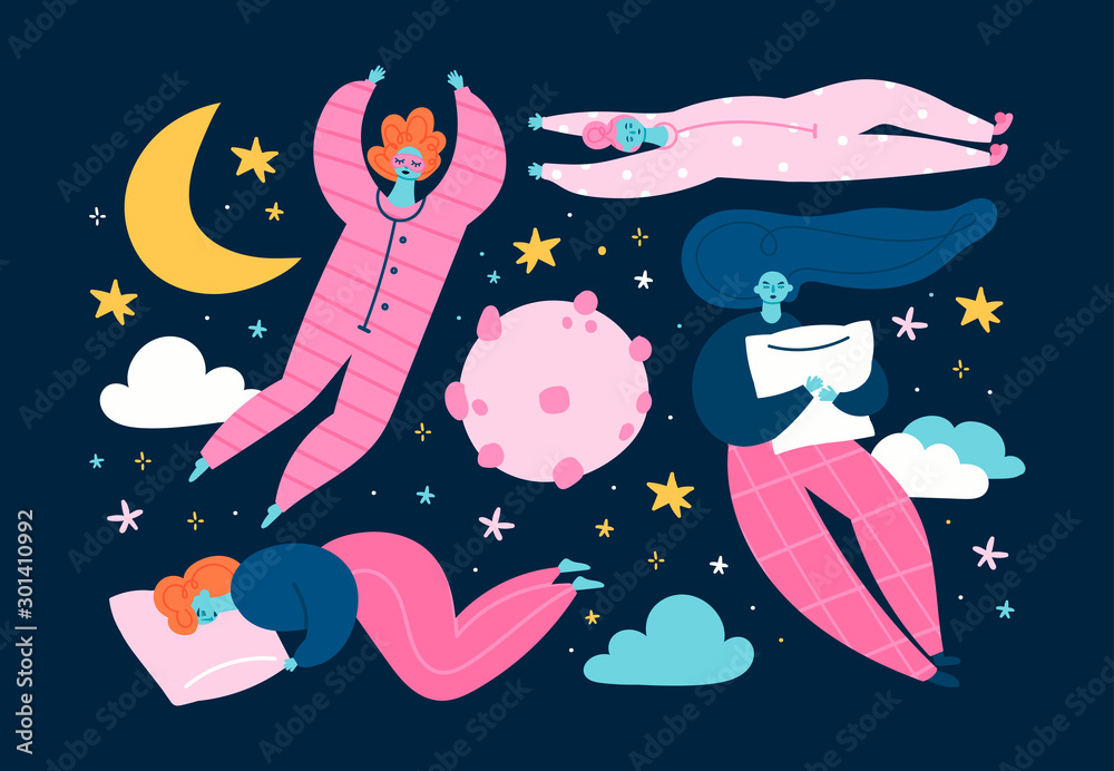 Dream set. Various sleeping girls with pillows. Sleepover. Moon, clouds ...