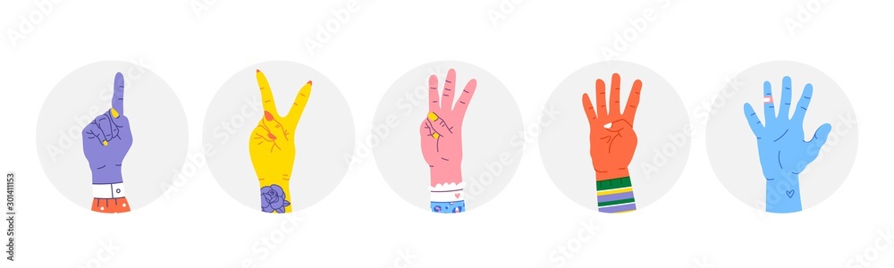 Set of Hand gesture symbols. Various round icons with finger count. Counting by bending fingers ...